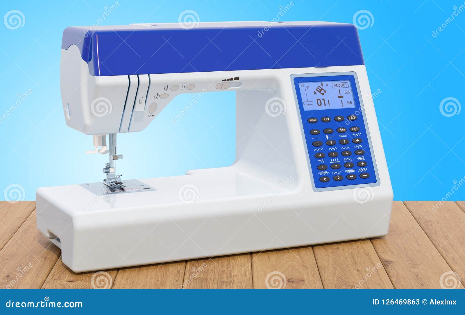 Modern Electronic Sewing Machine on the Wooden Table, 3D Rendering ...