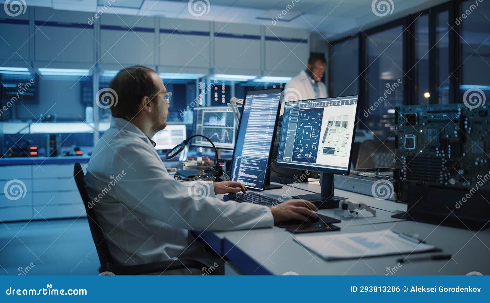 Modern Electronics Development Facility: Engineer Works on Computer ...