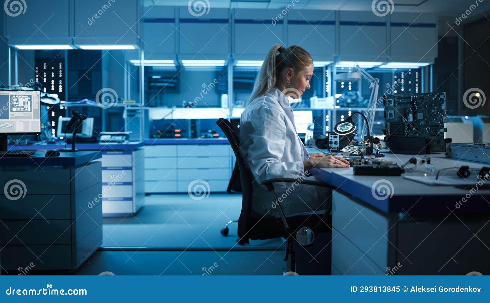 Modern Electronics Development Facility: Female Engineer Works with ...