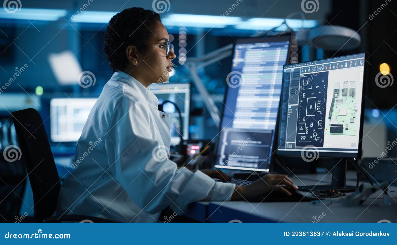 Modern Electronics Facility: Scientist, Engineer Works on Computer with ...