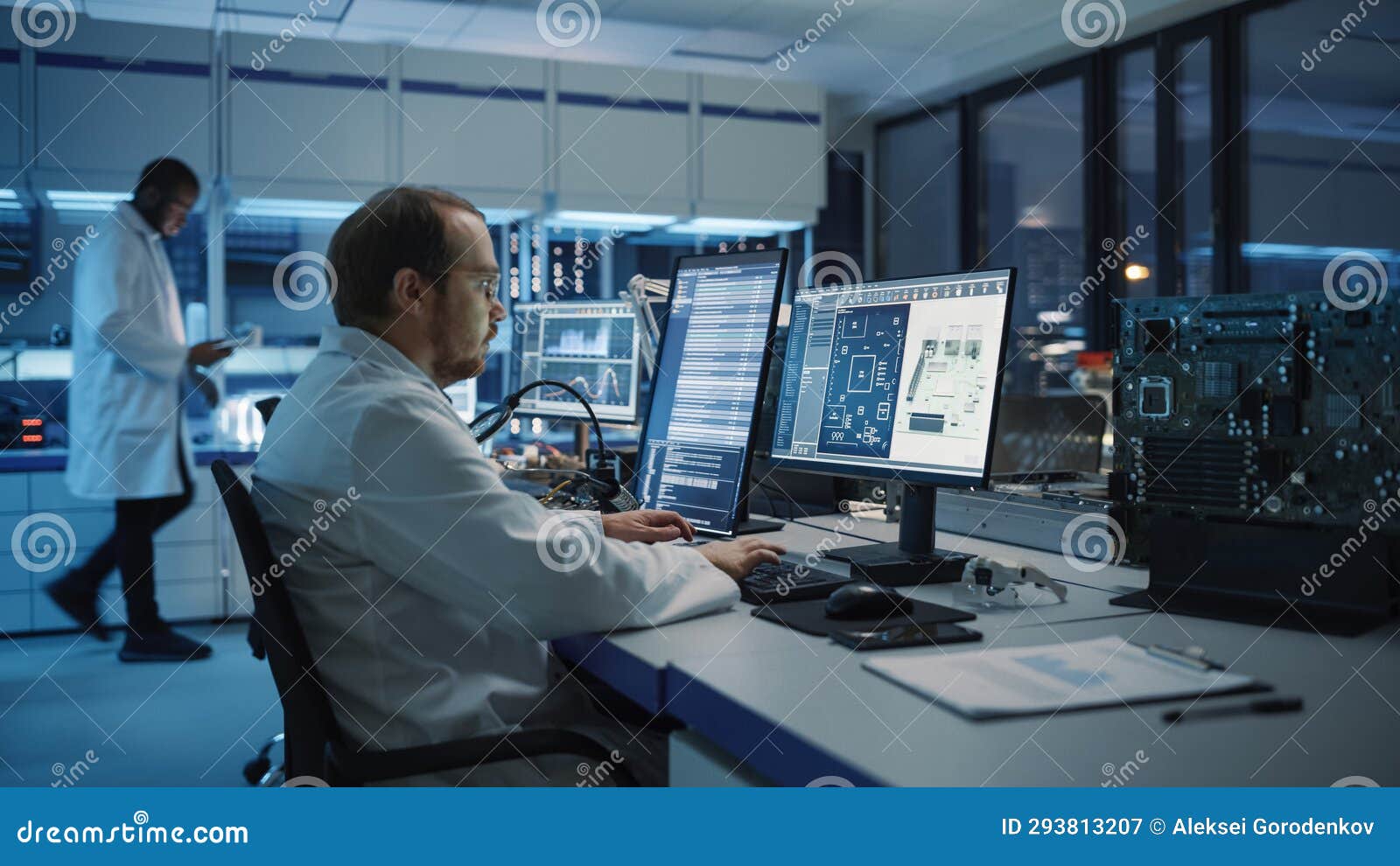 Modern Electronics Facility: Scientist, Engineer Works on Computer with ...