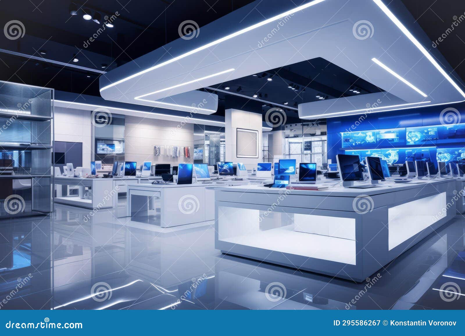 Modern Electronics Store, Blue Lighting, Sleek Displays, Futuristic ...