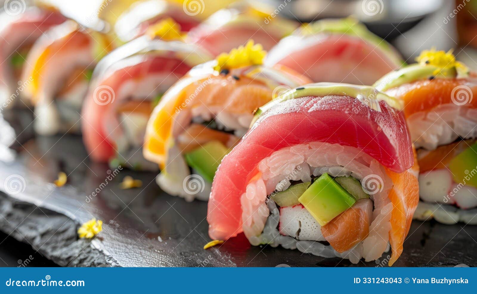Modern Elegance: Rainbow Rolls with Tuna, Salmon, and Yellowtail on ...