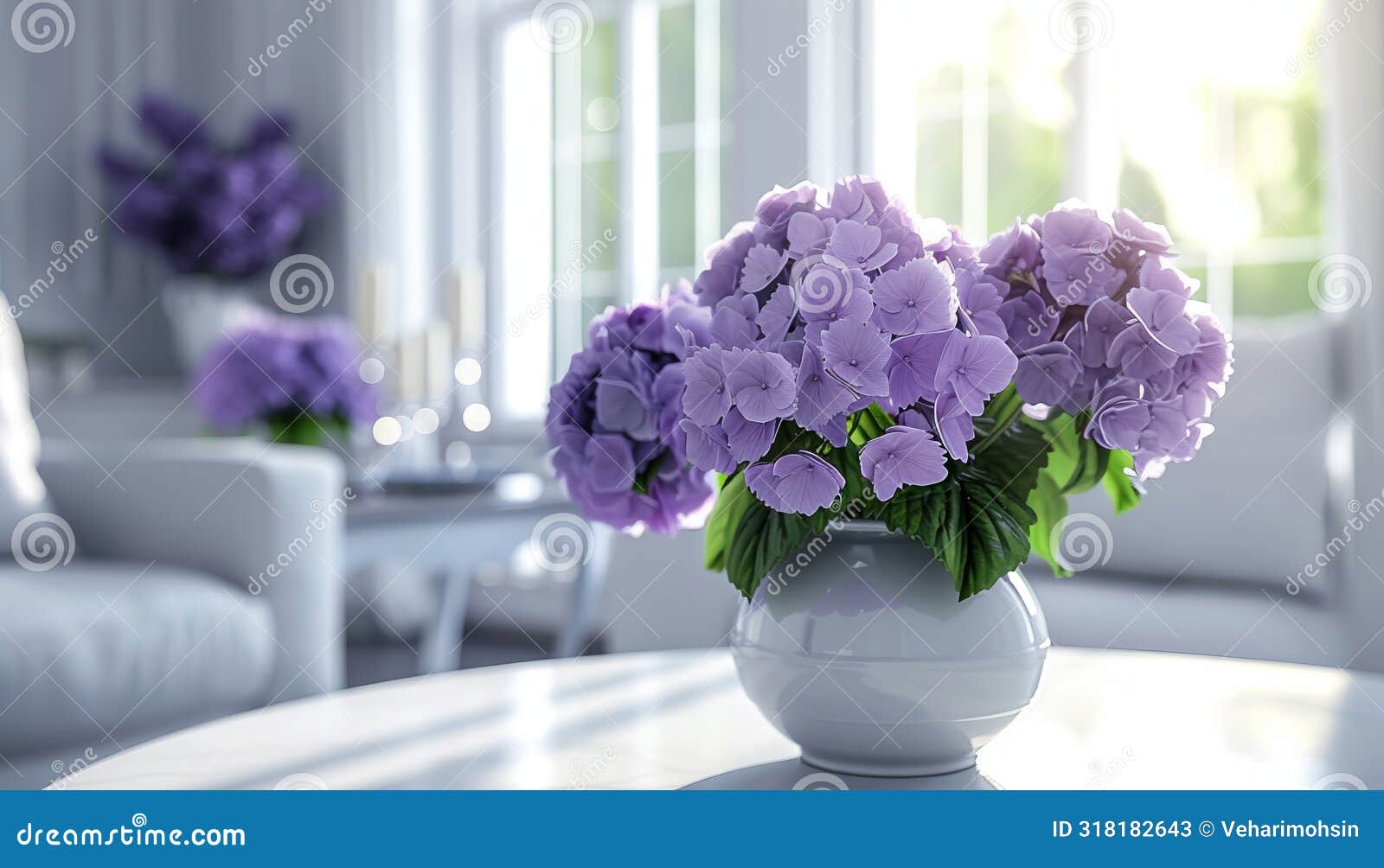 A Modern, Elegant Home Interior with Purple Hydrangeas on the Table Stock Illustration ...