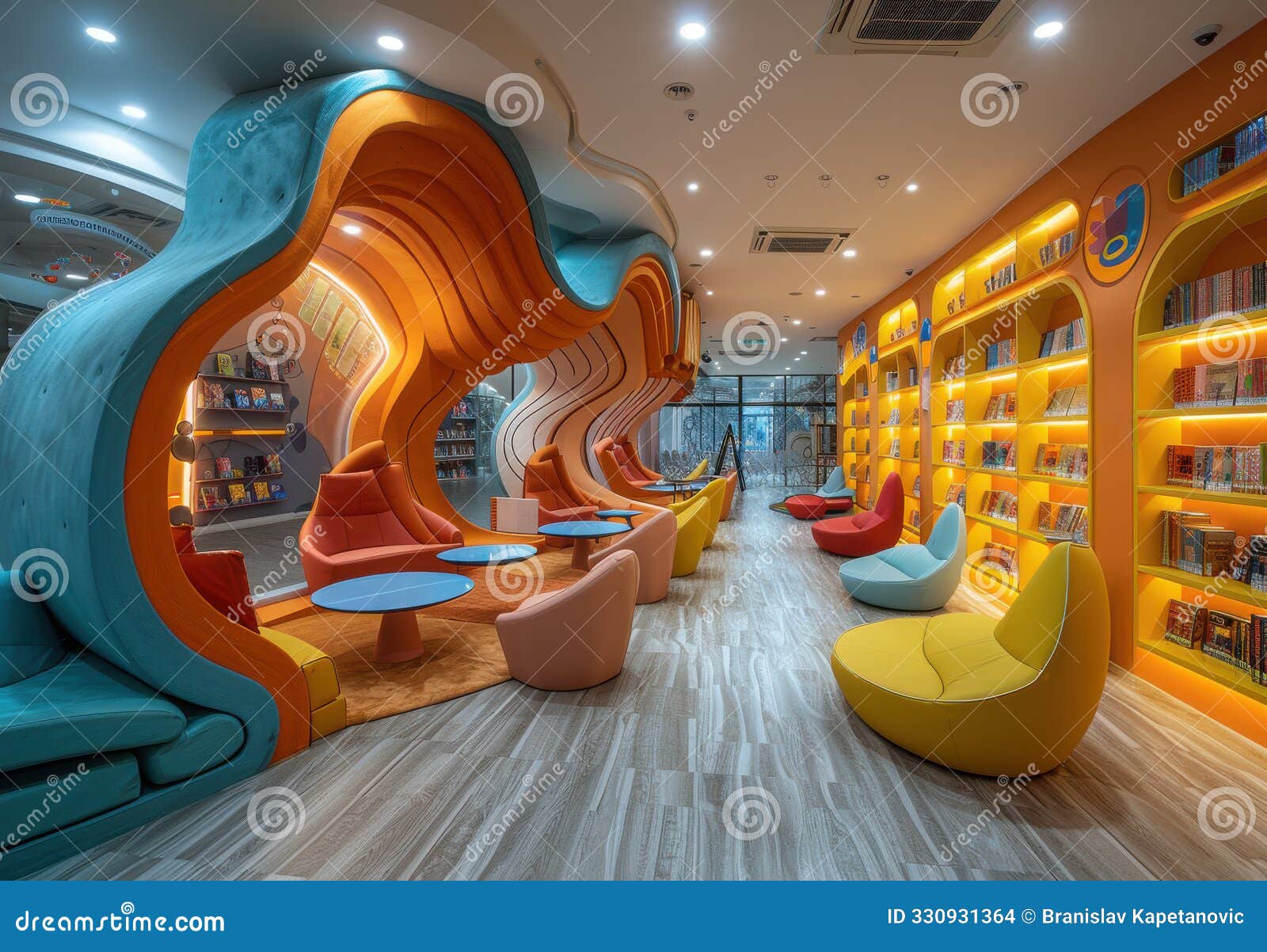 Modern Elementary School Library Interior with Colorful Seating and ...