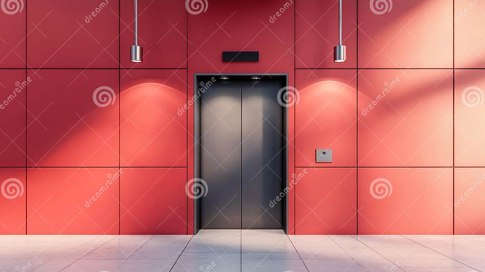 Modern Elevator with Closed Doors in a Red Interior, Contemporary ...