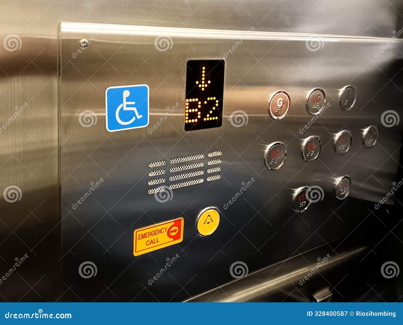 Modern Elevator Control Panel with Disabled Access and Emergency Call Button in Stainless Steel ...