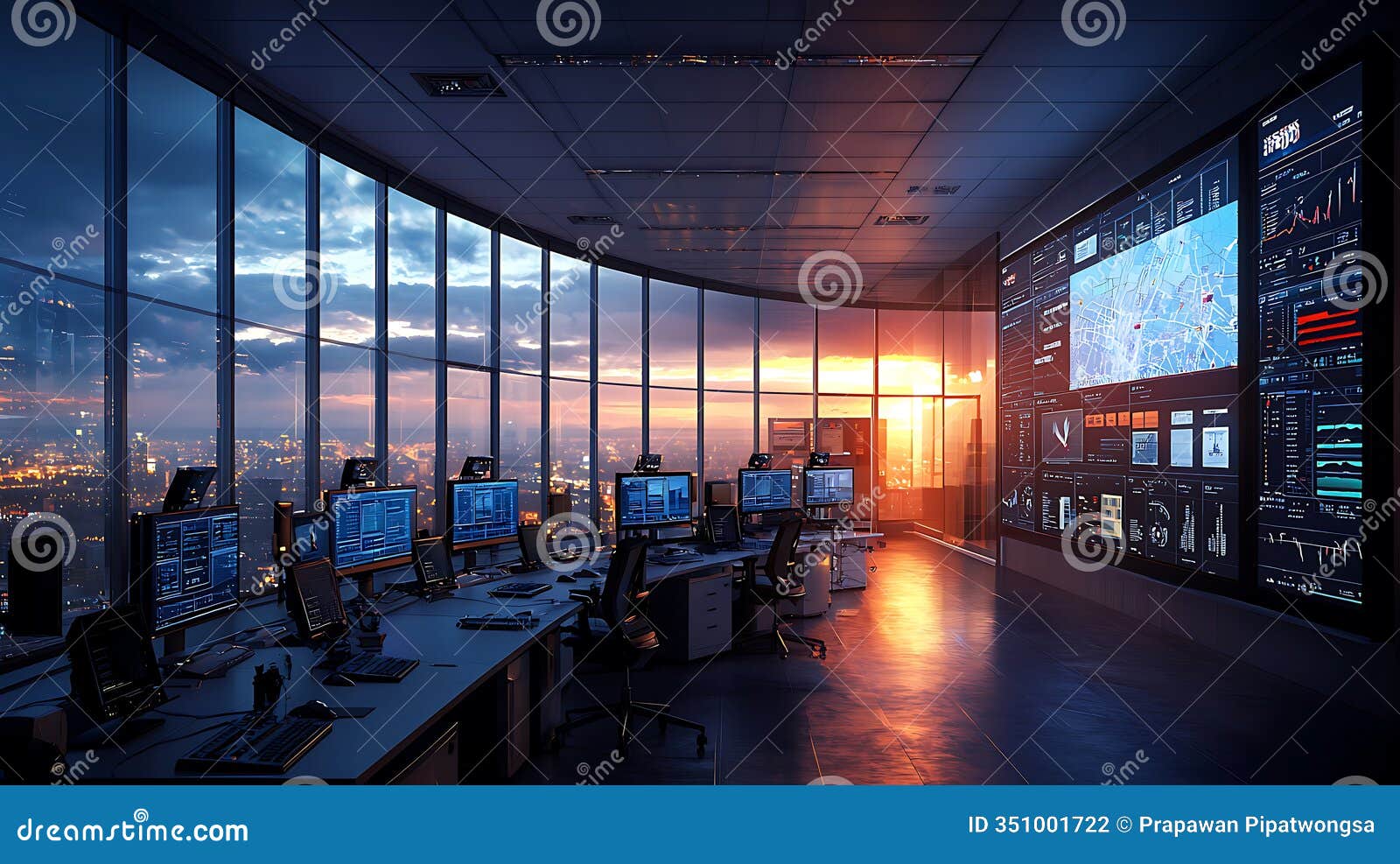 Modern Emergency Management Center with Multiple Screens and Sunset ...