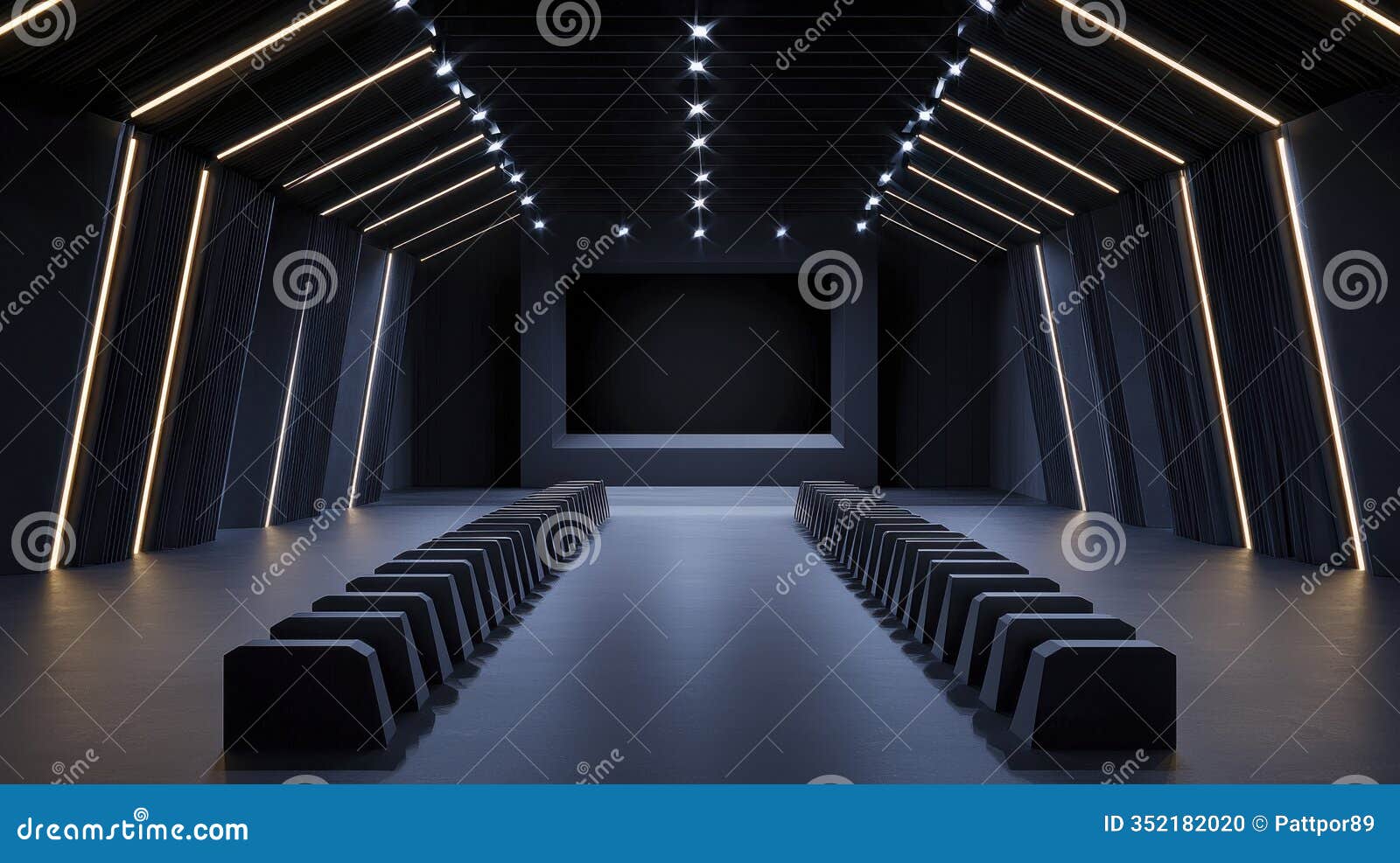 Modern Empty Auditorium Interior with Row of Black Seating and ...
