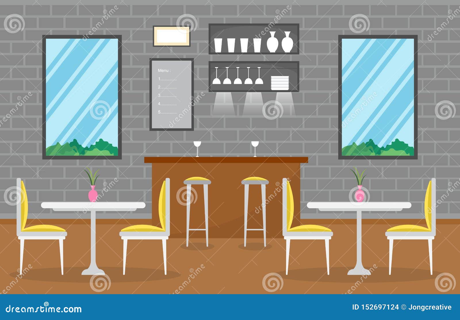Empty Cafe Interior. Coffee Shop With White Bar Counter, Shelves And ...