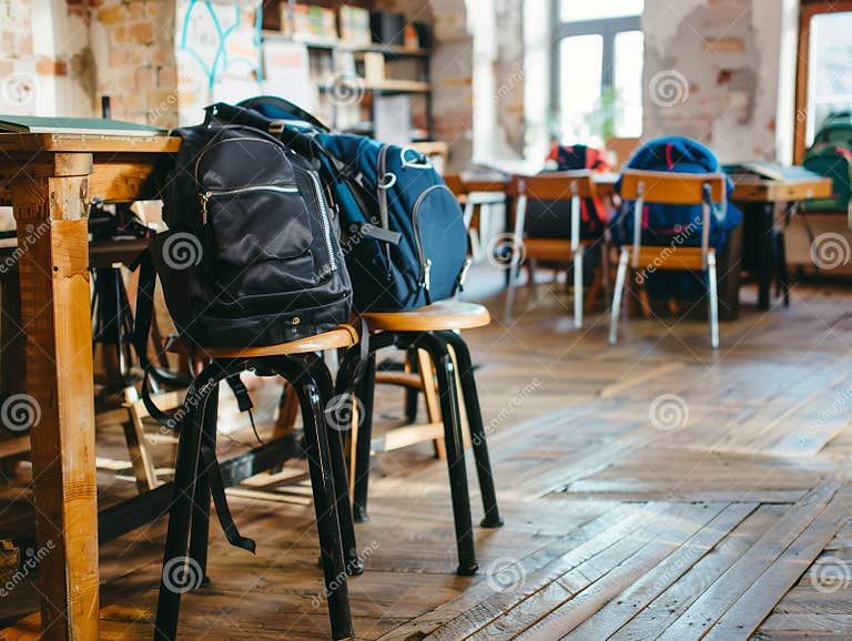 Modern Empty Classroom with Chic Backpacks and Assorted Stationery for ...