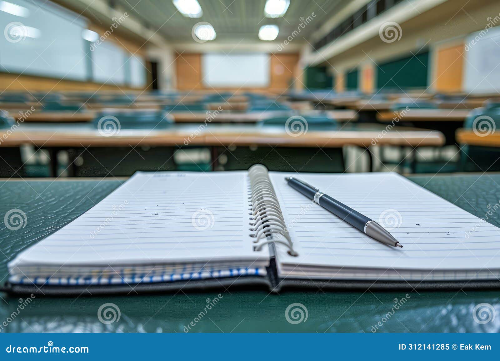 Modern Empty Classroom with Open Notebook and Pen on Desk, Defocused ...