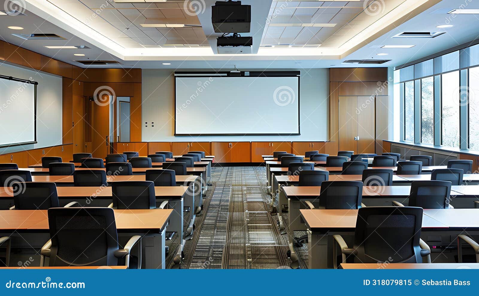 Modern Empty Classroom with Projector Screen Stock Image - Image of ...