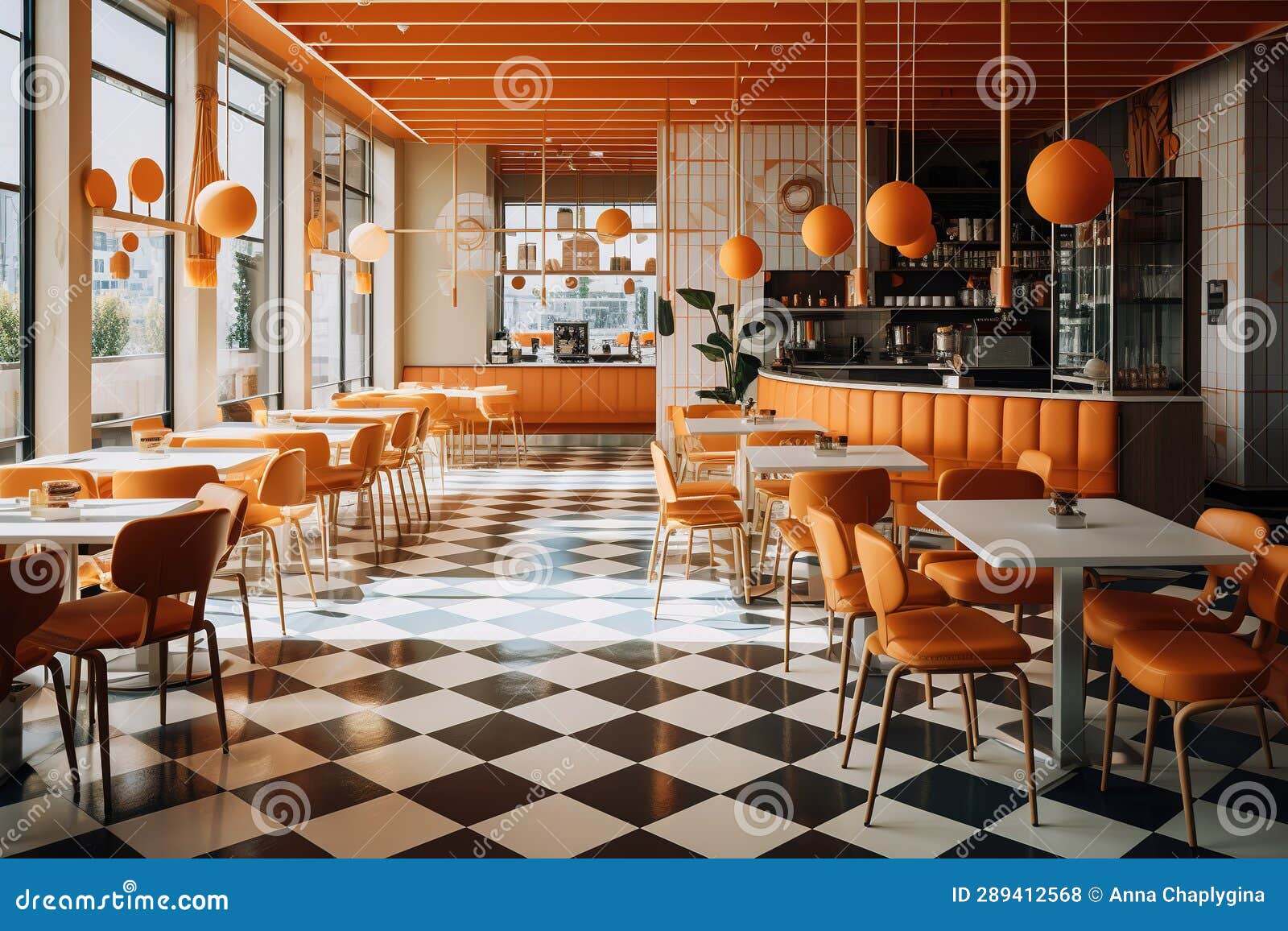 Modern Empty Coffee Shop with Trendy 70s Interior Design Stock Photo ...