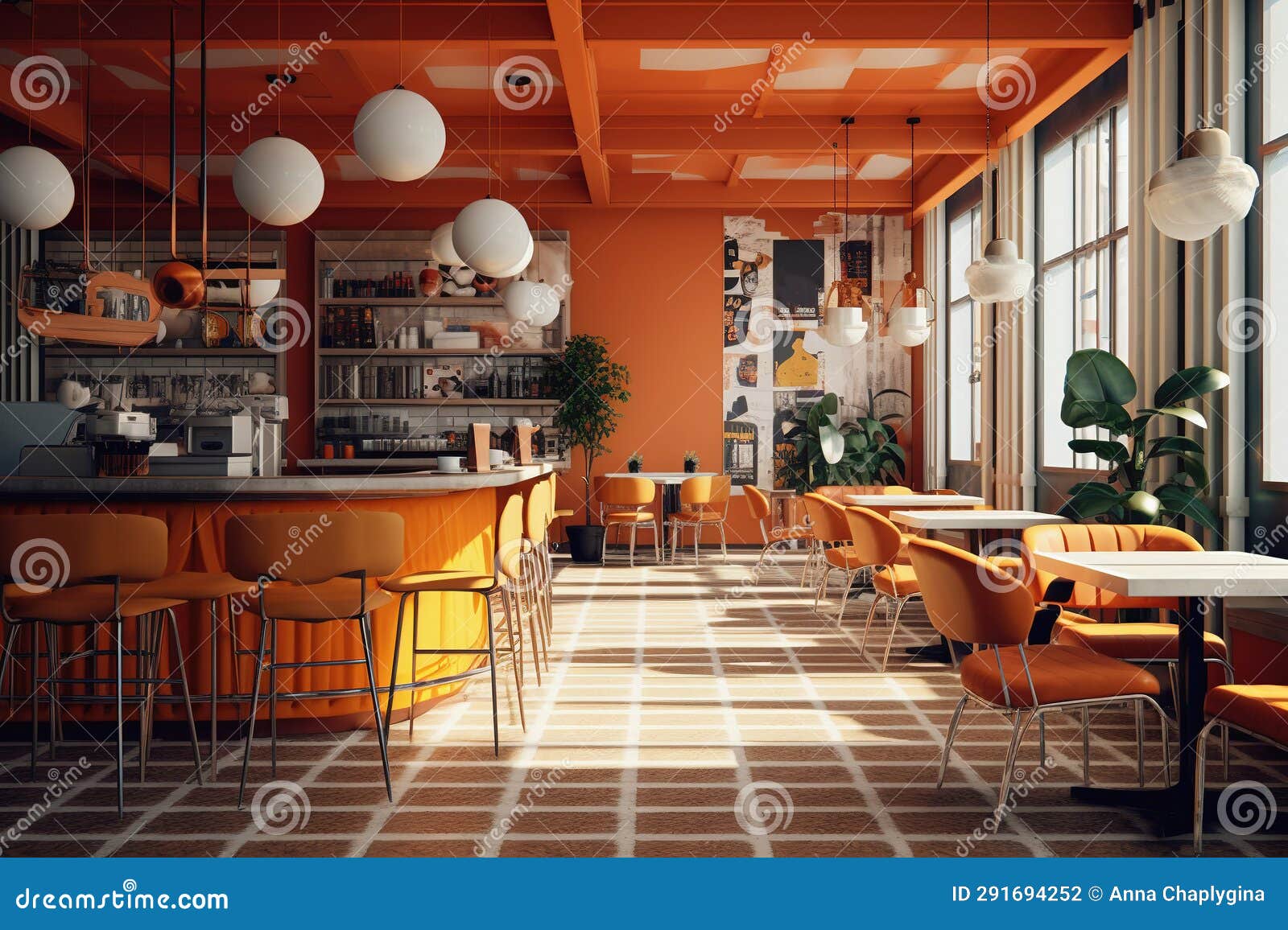 Modern Empty Coffee Shop with Trendy 70s Interior Design Stock Photo ...