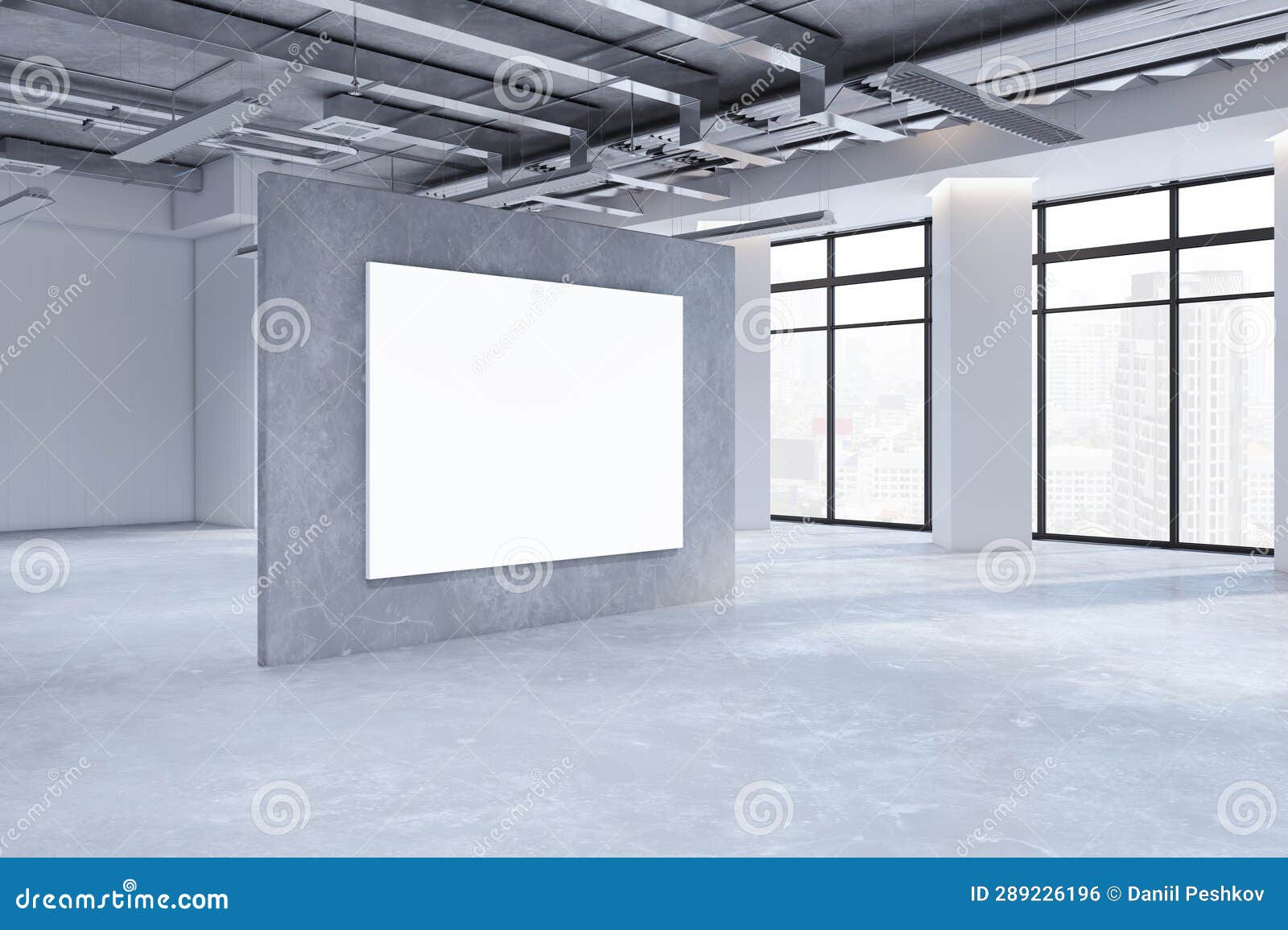 Modern Concrete Office Premises Interior with Panoramic Windows, City ...