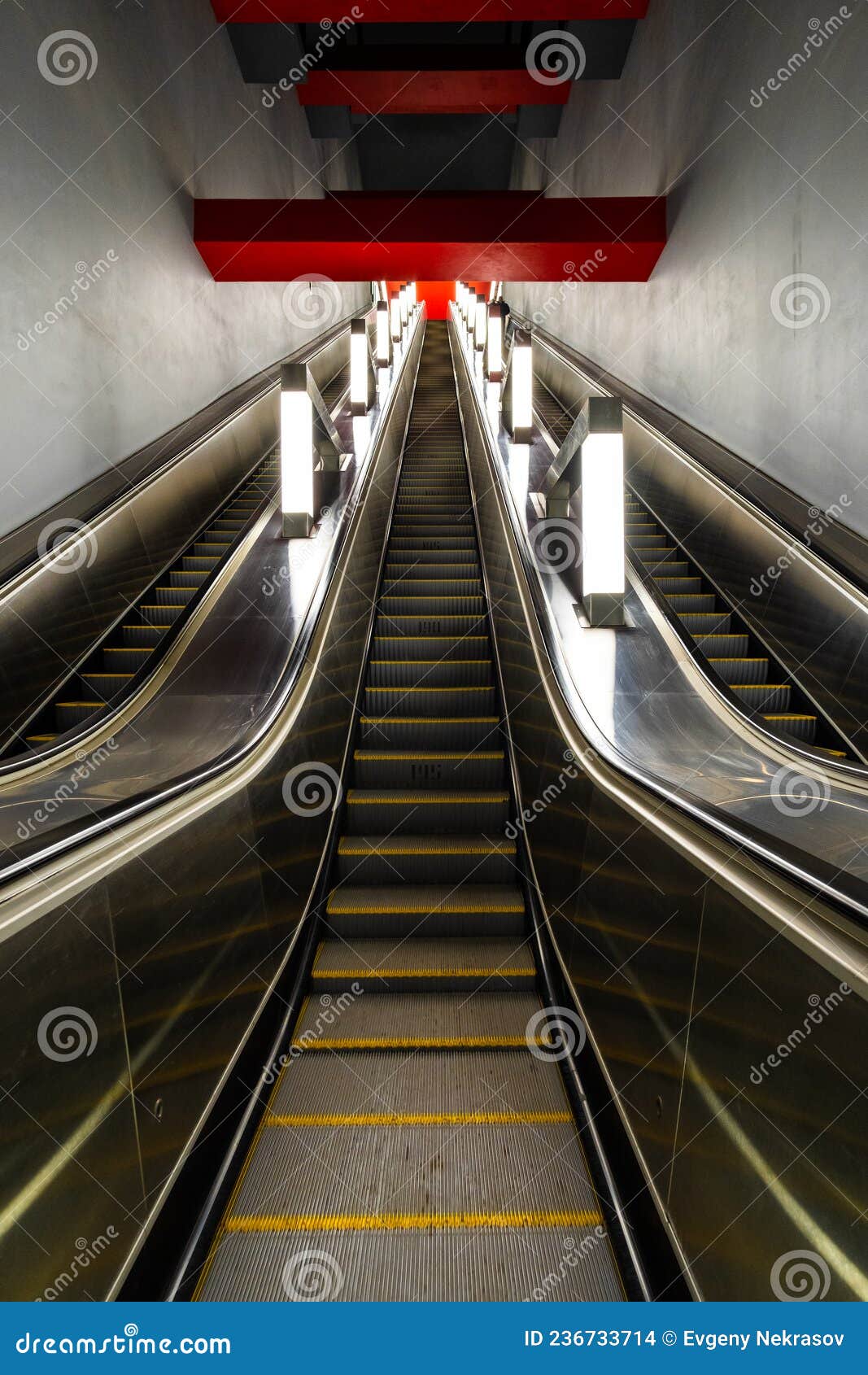 Modern empty escalator. stock photo. Image of ceiling - 236733714