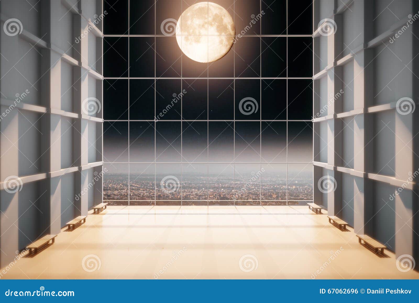 Modern Empty Hall with Big Window with Moon Stock Illustration ...