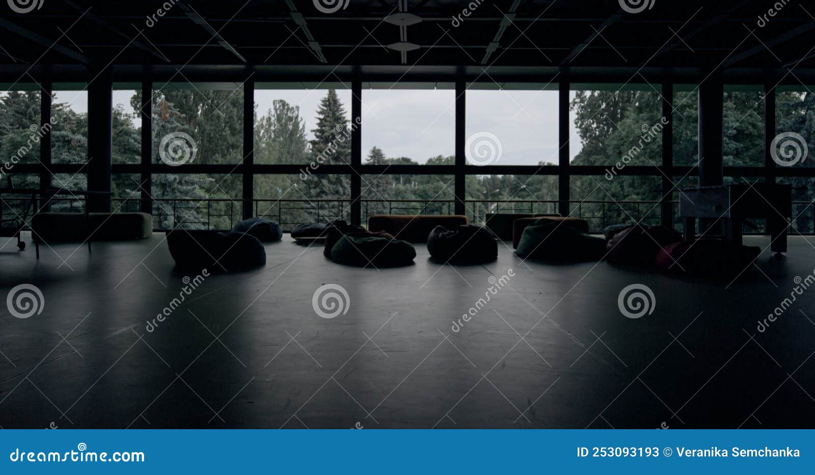 Modern Empty Hall Interior with Bag Chairs Sofa at Panorama Window ...