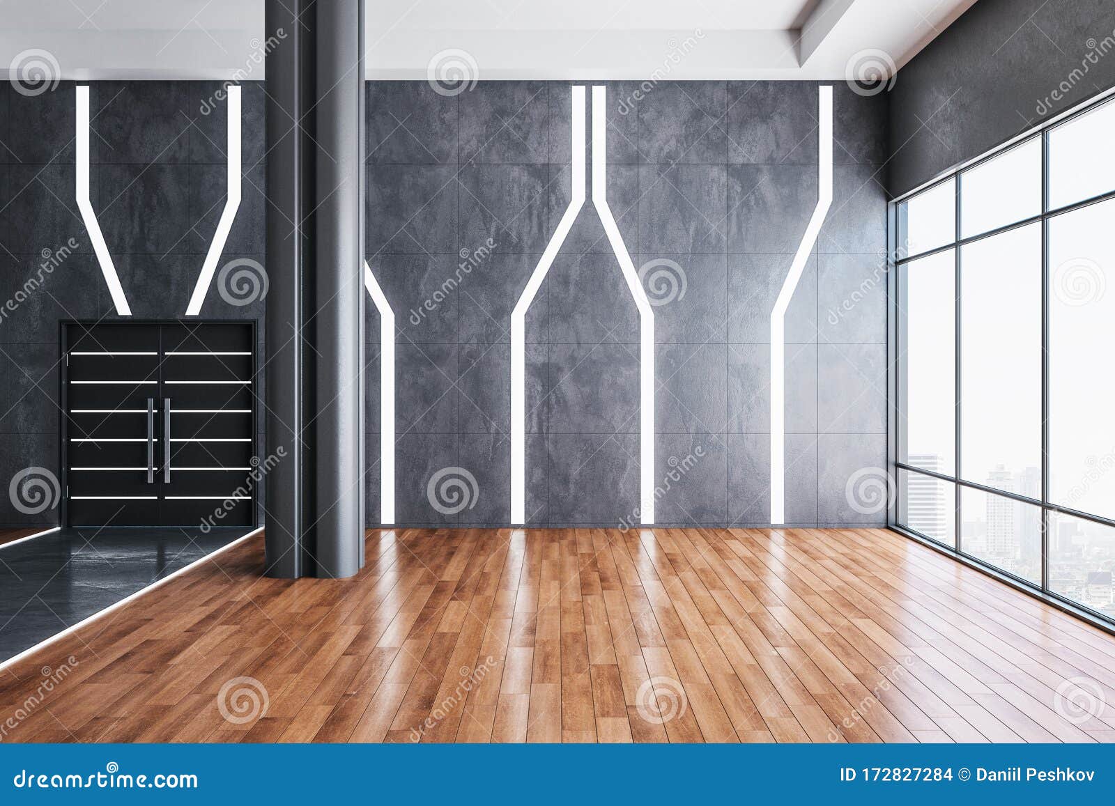 Modern Empty Hall Interior with Panoramic City View Stock Illustration ...