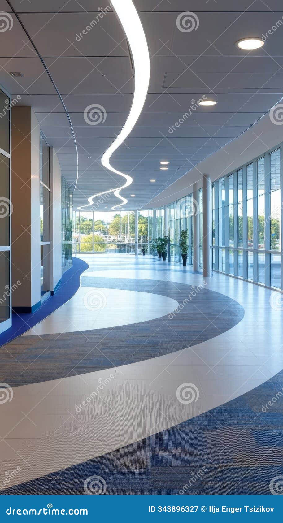 Modern Empty Hallway with Wavy Design Blue and White Floor, Curved ...
