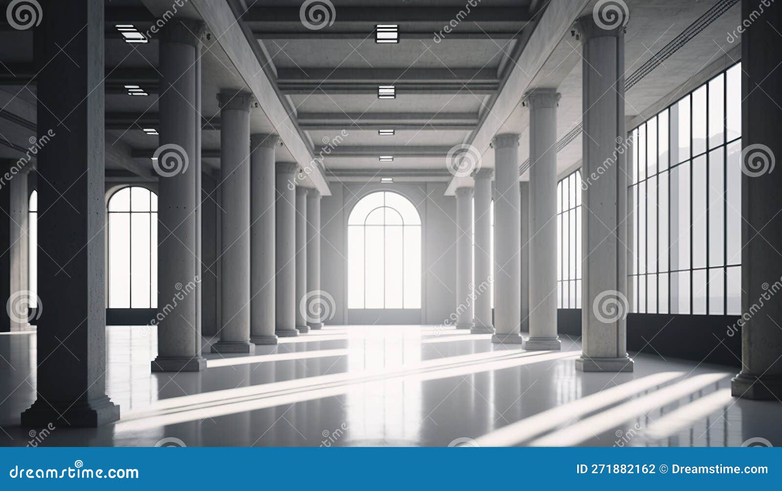 Modern and Empty Huge Hall of Concrete Material with Big Windows Stock ...