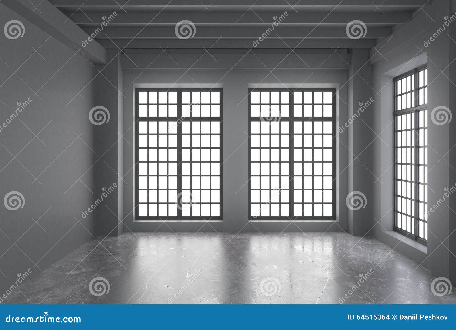 Modern Empty Loft Room with Grey Walls, Concrete Floor and Big Stock ...