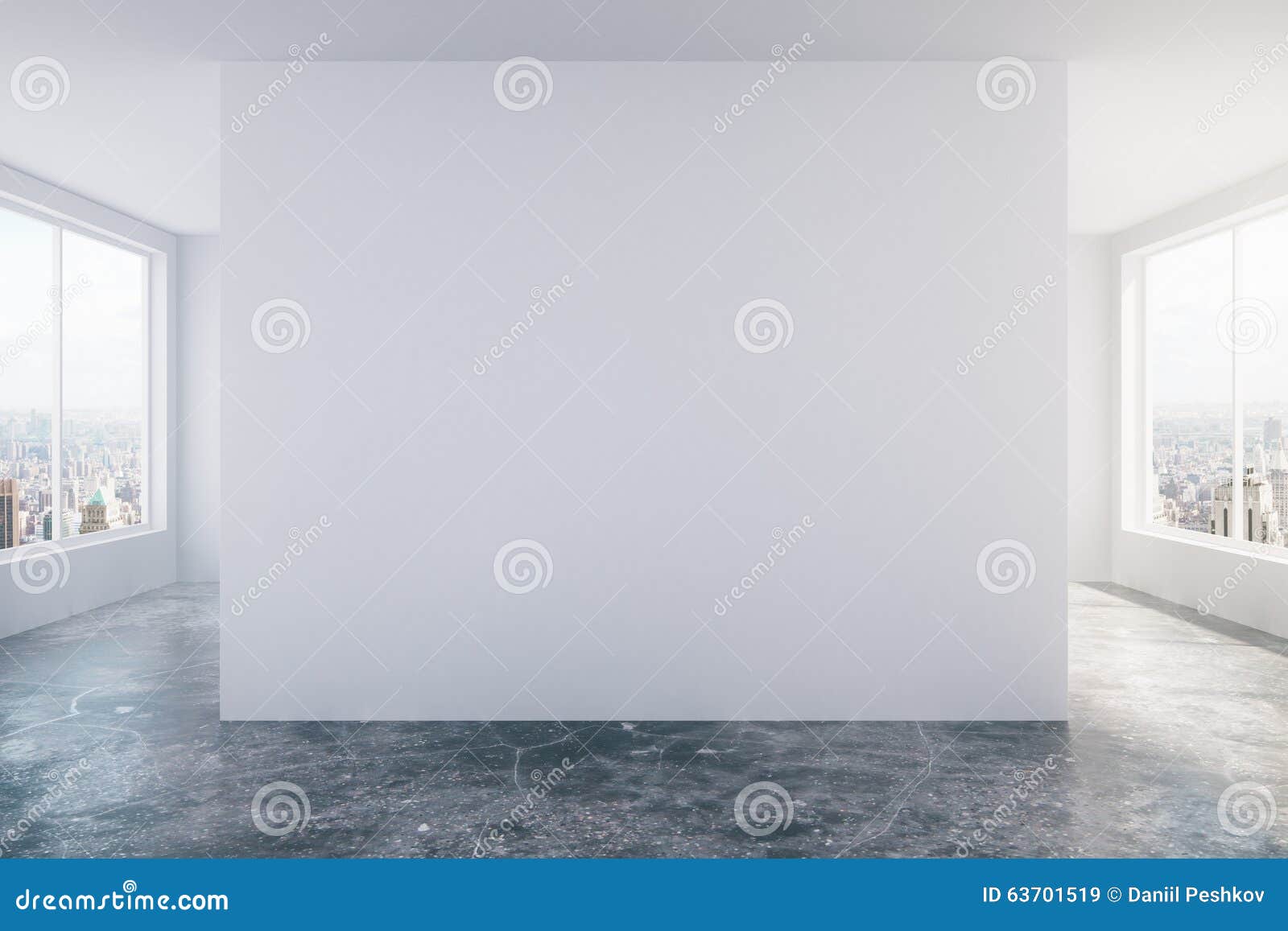 Modern Empty Loft Room with White Wall, Concrete Floor and Big W Stock ...