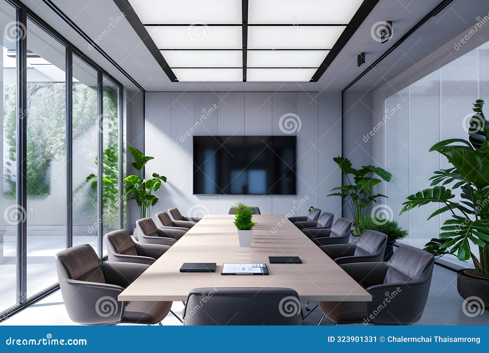 Modern Empty Meeting Room with Large Wooden Conference Table and Large ...