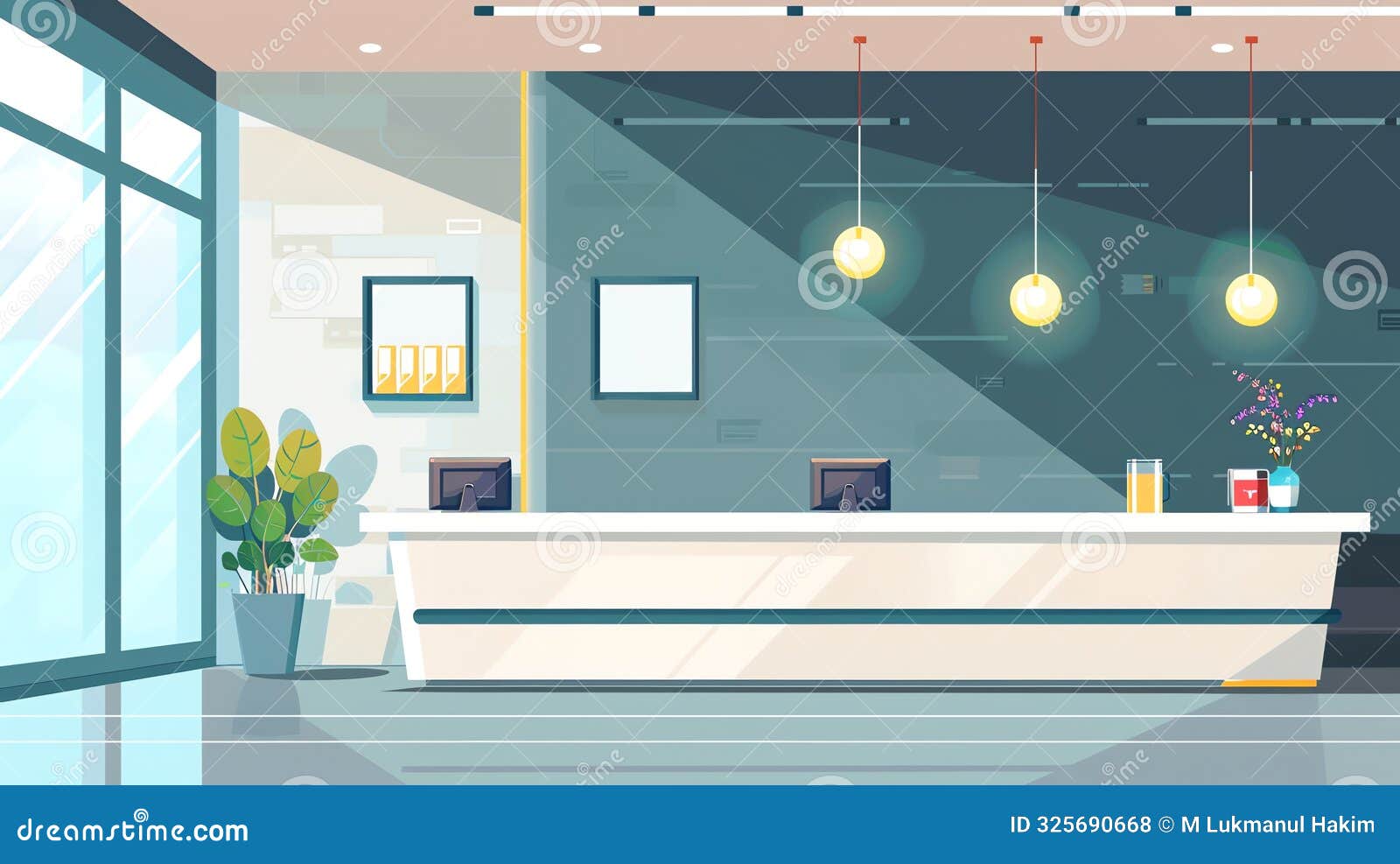 Modern, Empty Office Reception Area with Counter, Computers and Waiting ...