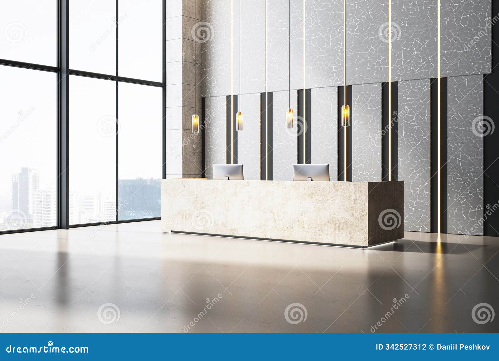 Modern Empty Office Reception Desk with Computers in a Spacious Lobby ...