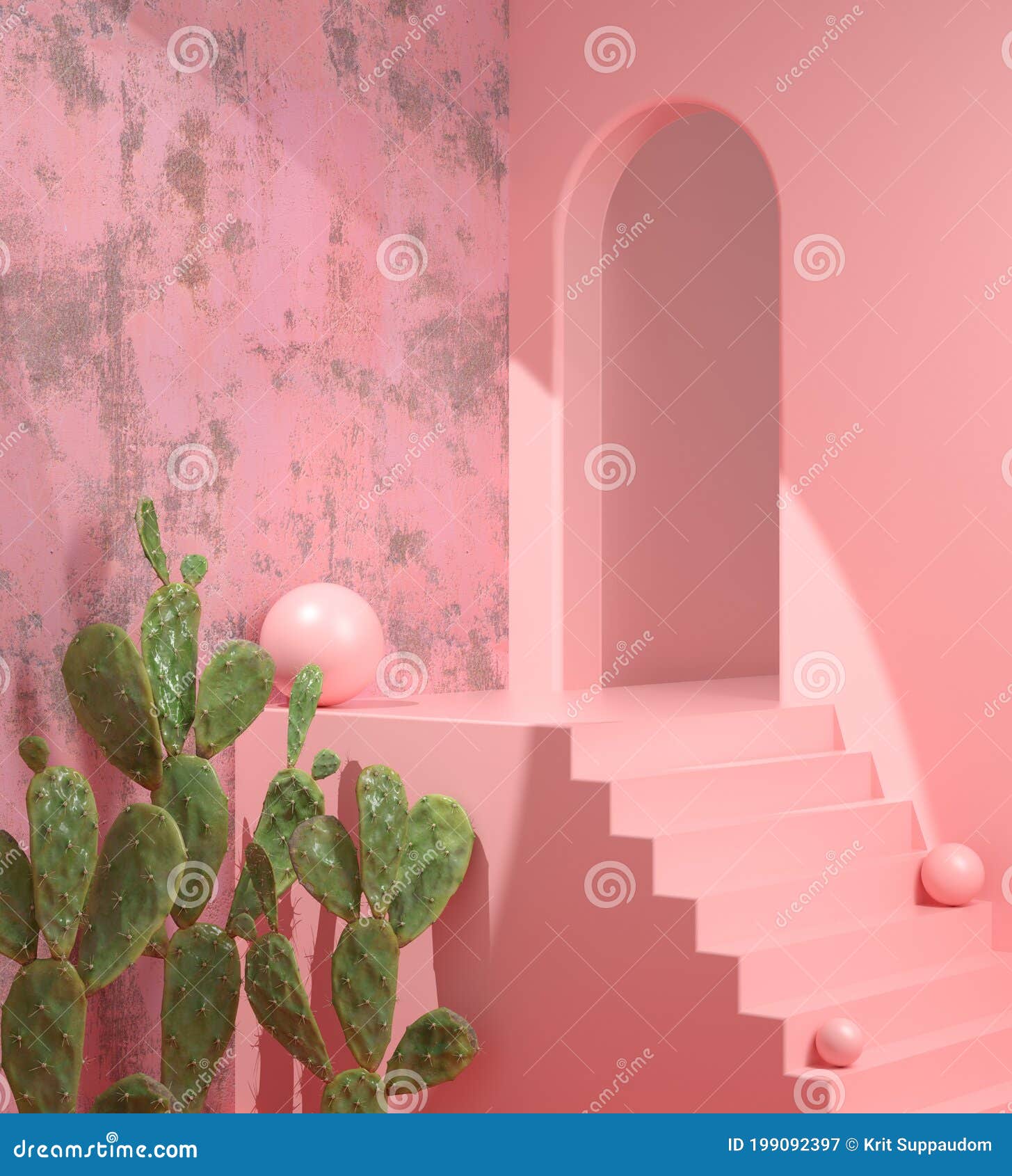 Modern Empty Pink Space Stage on Step with Cactus Garden Abstract ...