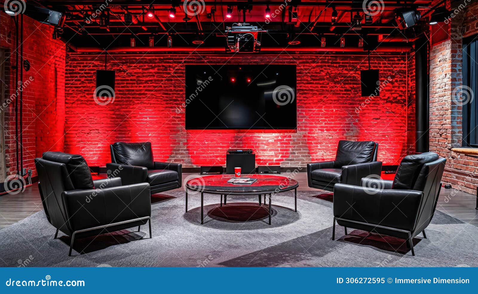Modern Empty Podcast Studio Room. Stylish Red-Hued Interview Space ...