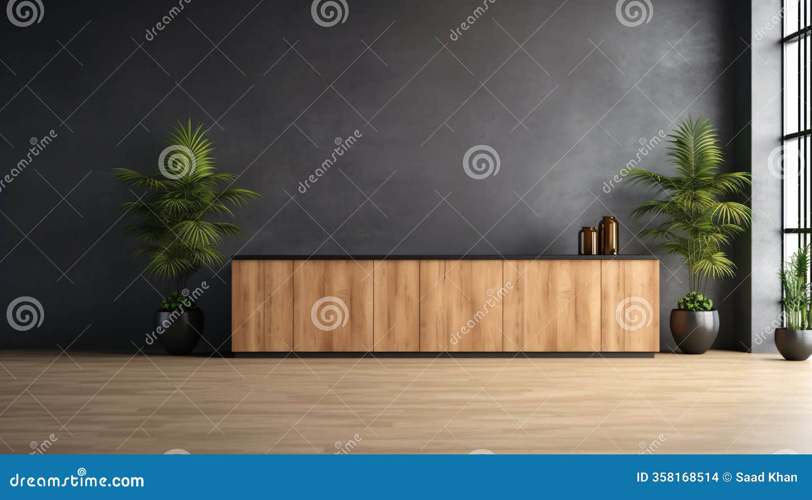 Modern Empty Reception Room with Black and Wooden Features Stock ...