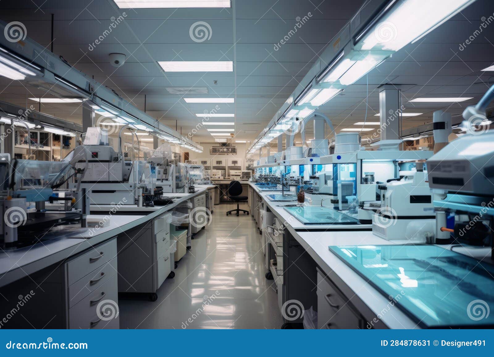 Empty Science Lab With Microscopes And Educational Posters On The Walls ...