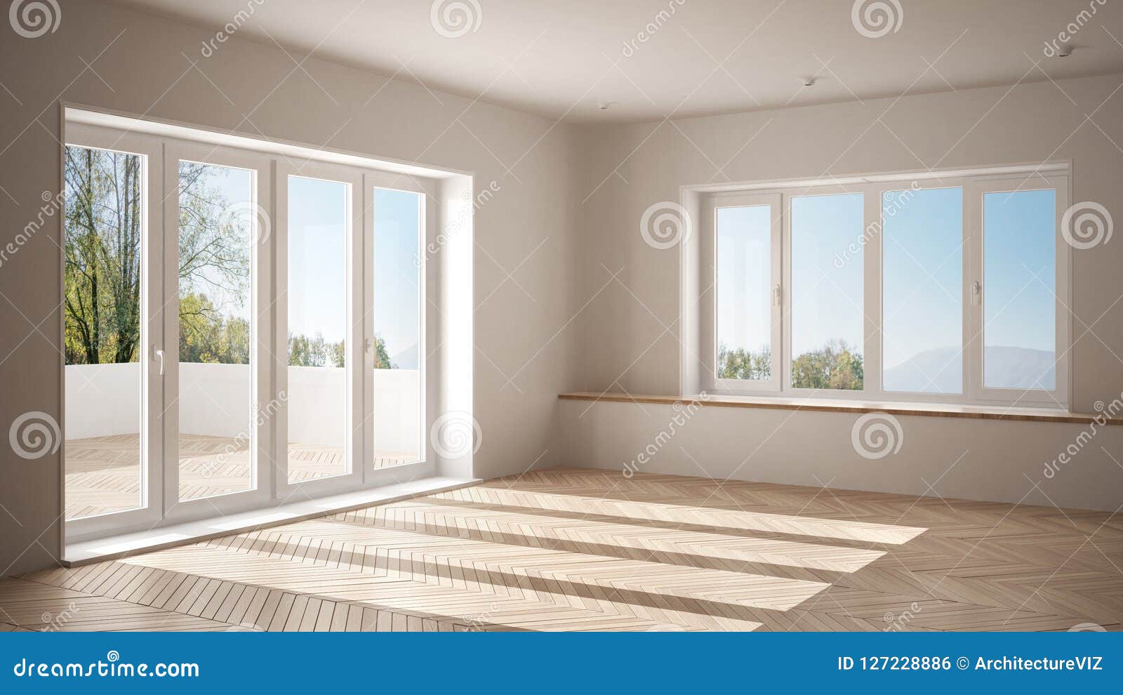 Modern Empty Space with Big Panoramic Windows and Wooden Floor ...