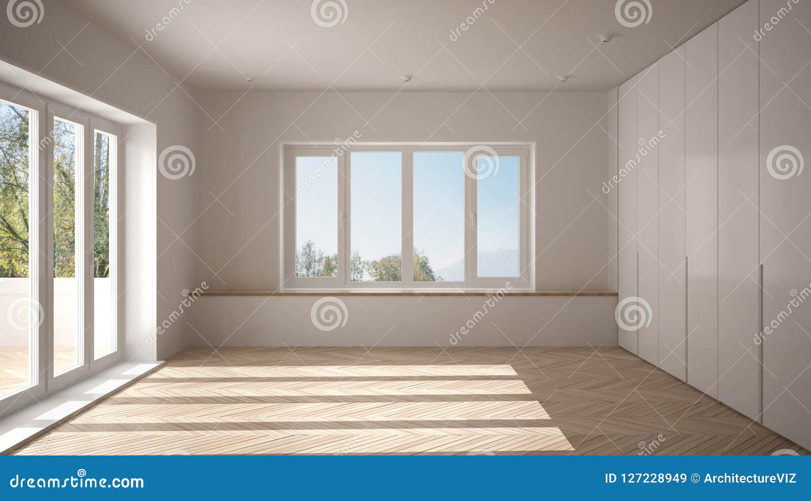 Modern Empty Space with Big Panoramic Windows and Wooden Floor ...