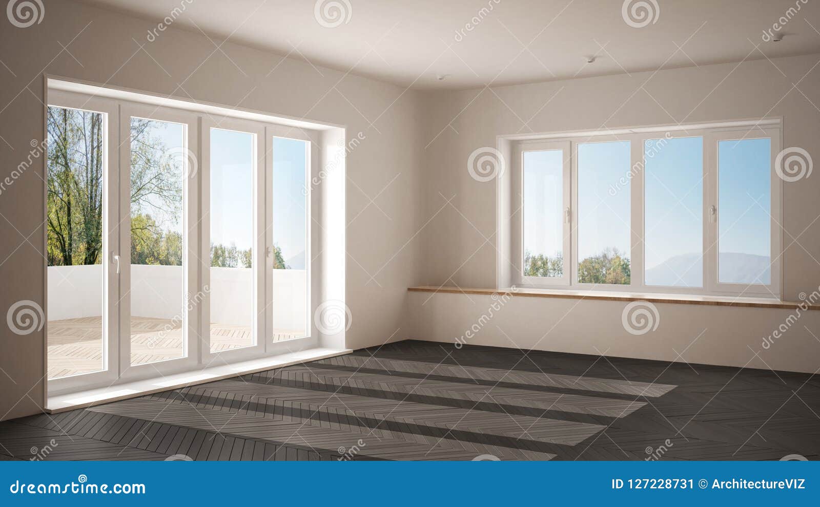 Modern Empty Space with Big Panoramic Windows and Wooden Floor ...