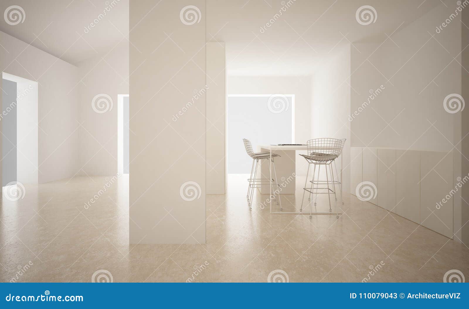 Modern Empty Space With Limestone Floor And Kitchen, Minimalist ...