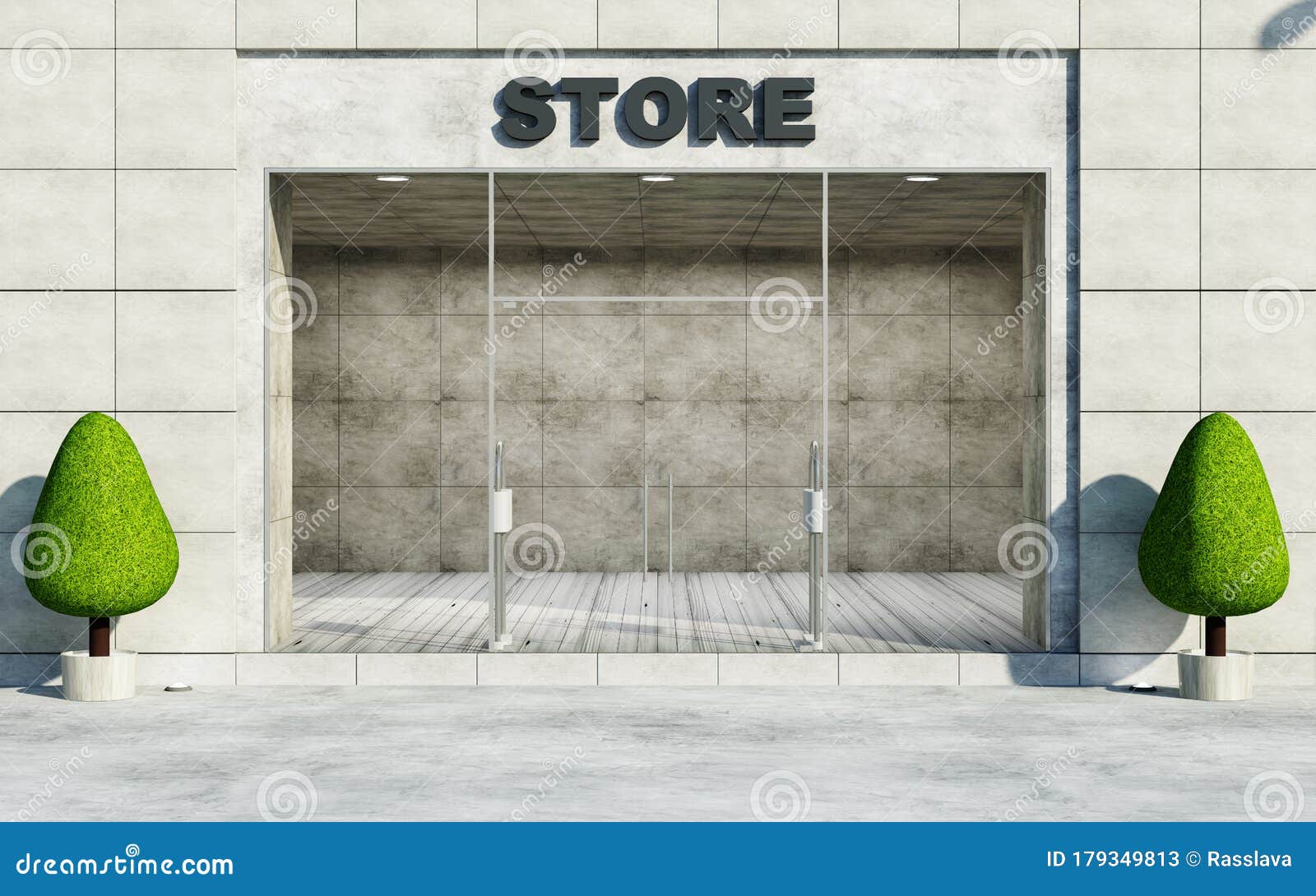 Modern Empty Store Front with Big Windows in the Street at Day Light ...