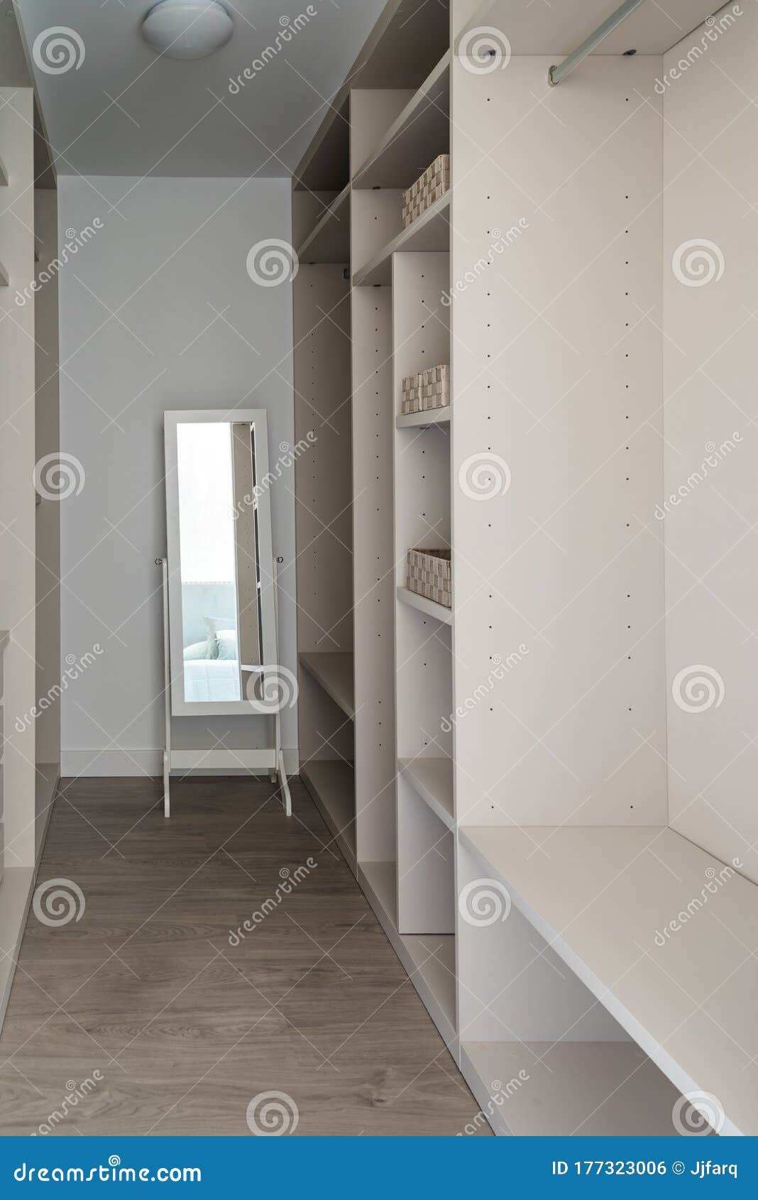 Modern Empty Wooden Wardrobe with Mirror. Walk in Closet Interior ...