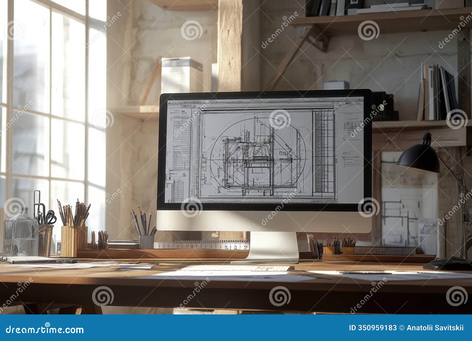 Modern Engineering Desk with Blueprint Display and Ample Copy Space for ...