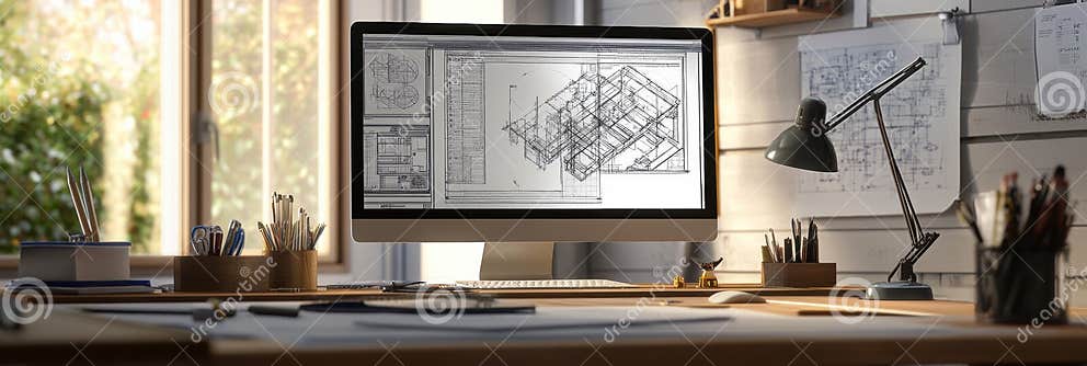 Modern Engineering Desk with Computer Displaying Architectural Design ...