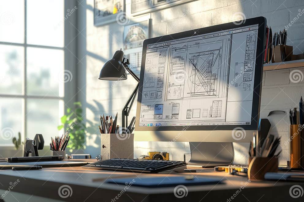 Modern Engineering Desk with Computer Displaying Technical Drawings and ...