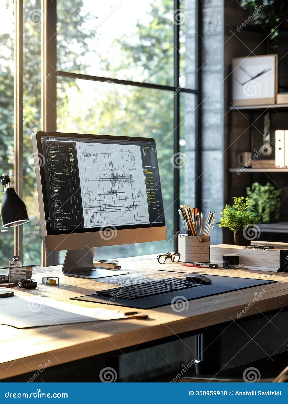 Modern Engineering Desk with Computer and Tools in a Bright Workspace ...
