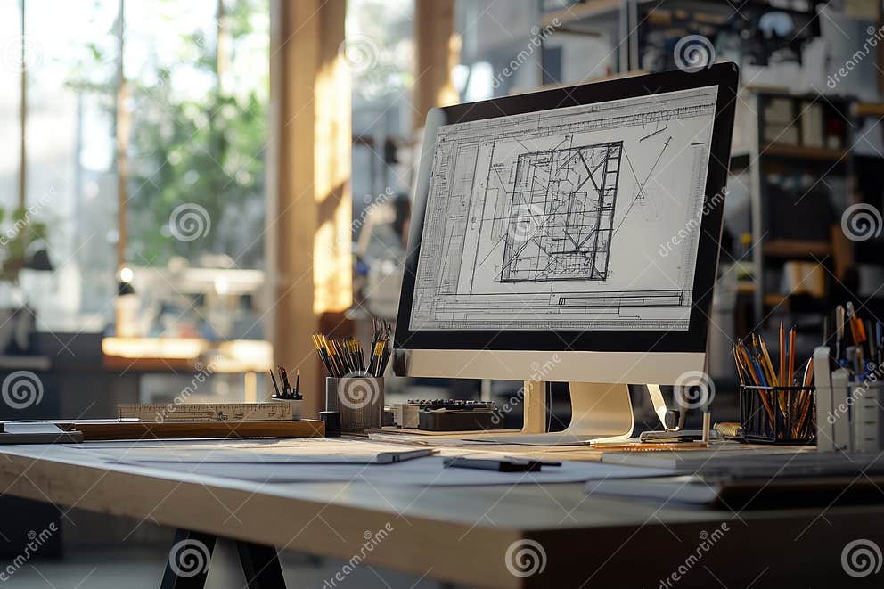 Modern Engineering Desk with Design Plans and Ample Natural Light in a Creative Workspace ...
