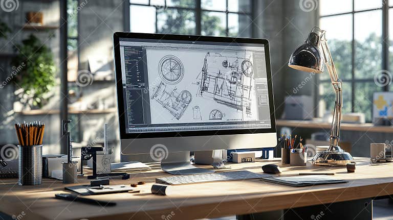 Modern Engineering Desk with Design Plans and Ample Natural Light in a Spacious Workspace ...