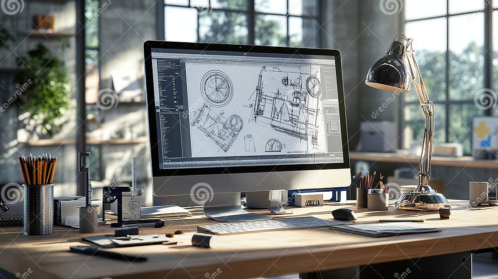 Modern Engineering Desk with Design Plans and Ample Natural Light in a ...