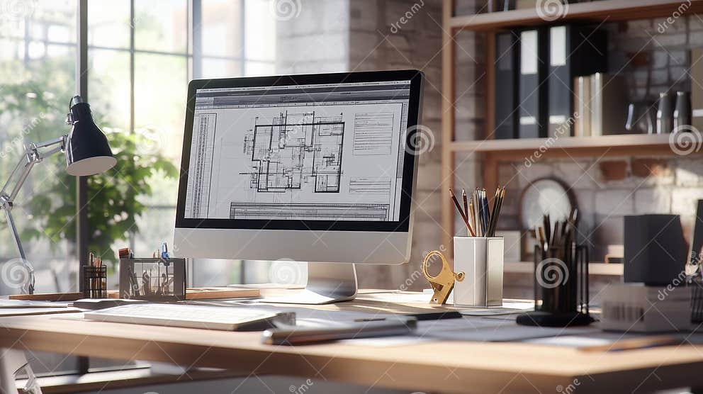 Modern Engineering Desk with Design Plans, Tools, and Ample Copy Space for Creative Work ...