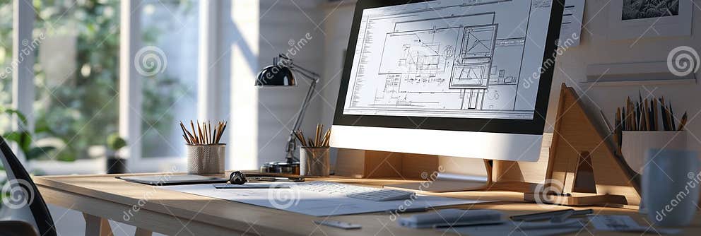 Modern Engineering Desk with Design Plans and Workspace Essentials in a ...